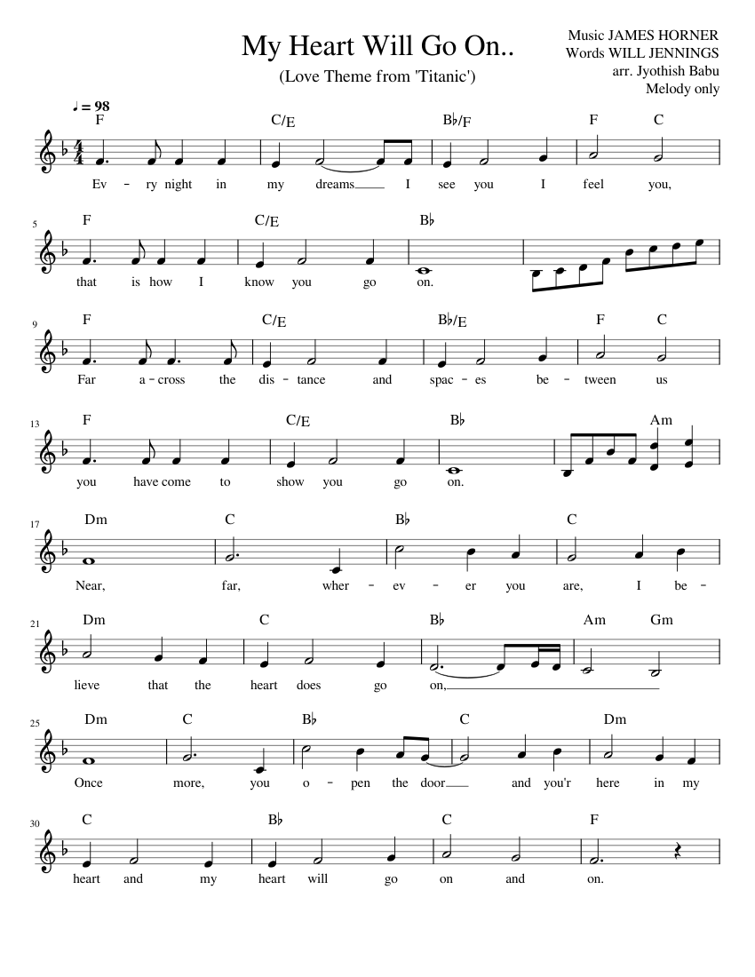 My Heart Will Go On, Theme song from Titanic Sheet Music for Piano ...