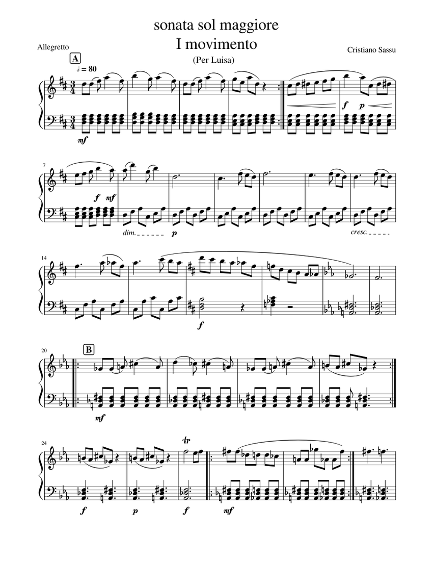 sonata_sol_maggiore (per Luisa) I movimento Sheet music for Piano (Solo ...