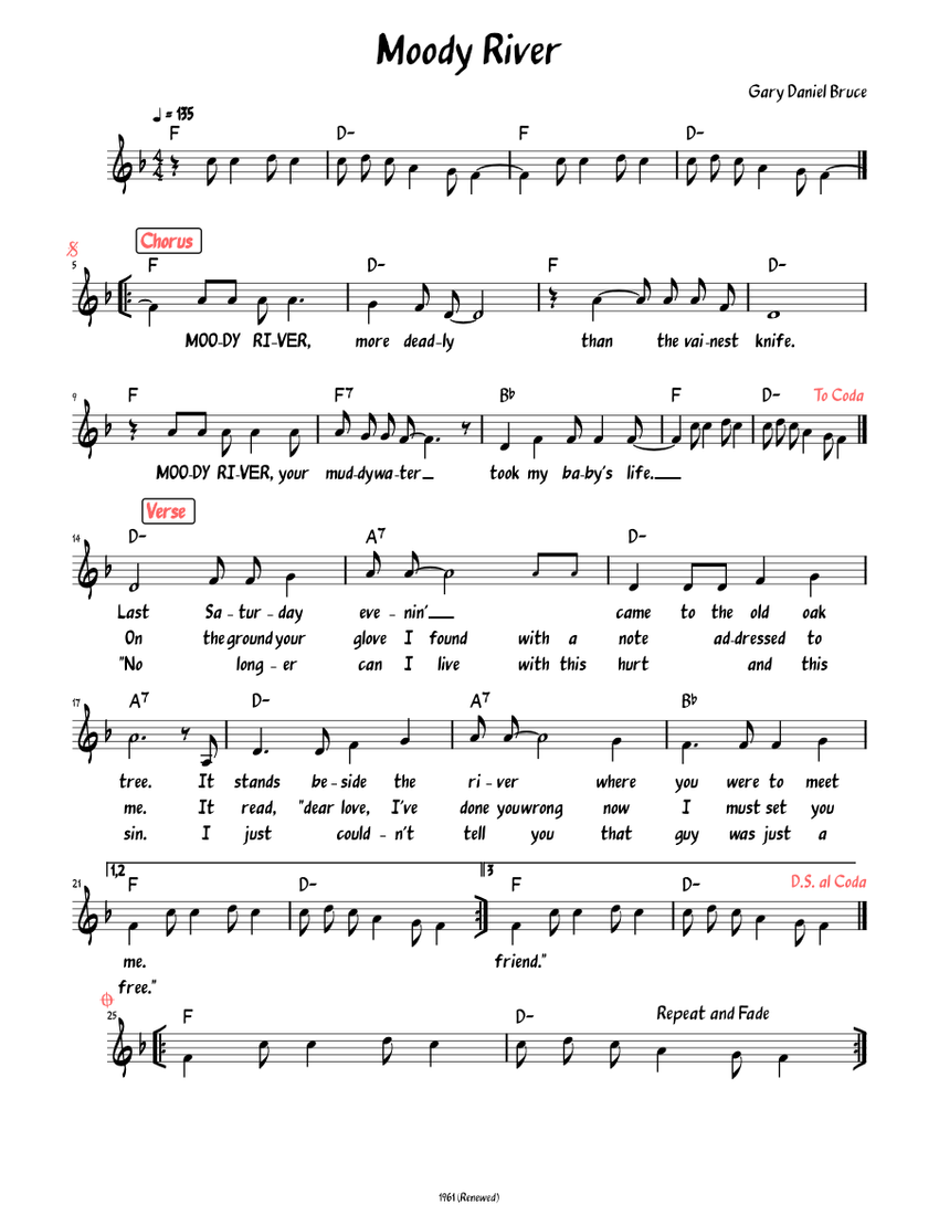 Moody River (Lead sheet with lyrics ) Sheet Music with Chords for Piano ...