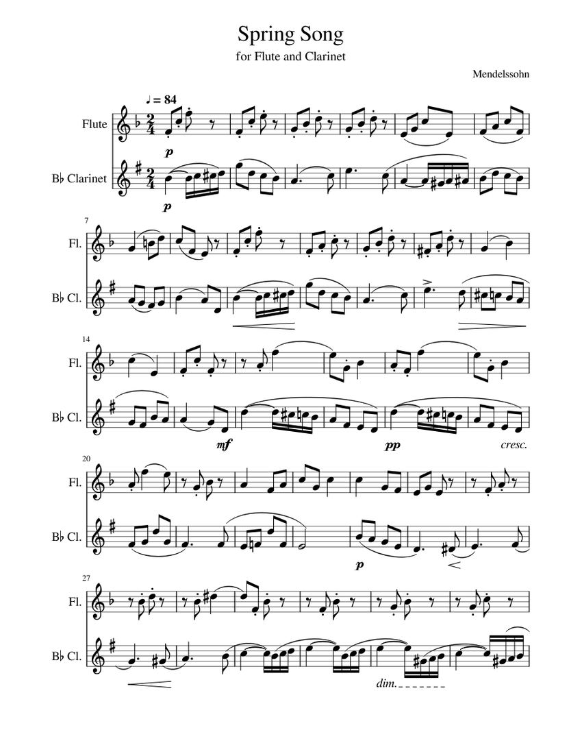 Spring Song Sheet Music for Flute, Clarinet in b-flat (Woodwind Duet ...