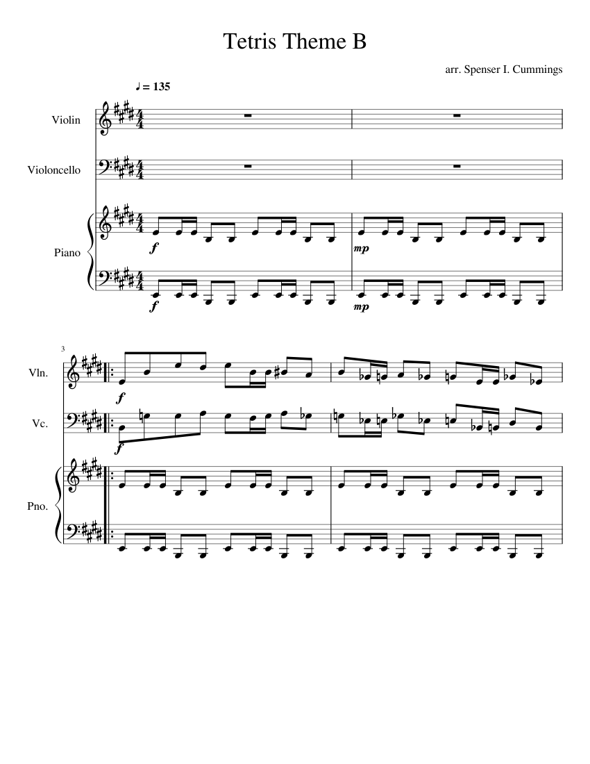 Tetris Theme B Sheet Music for Piano, Violin, Cello (Piano Trio ...