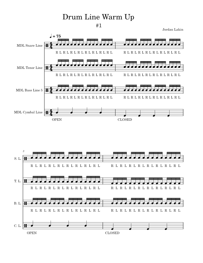 Drum Line Warm Up Sheet Music for Snare drum, Crash, Tenor drum, Bass ...