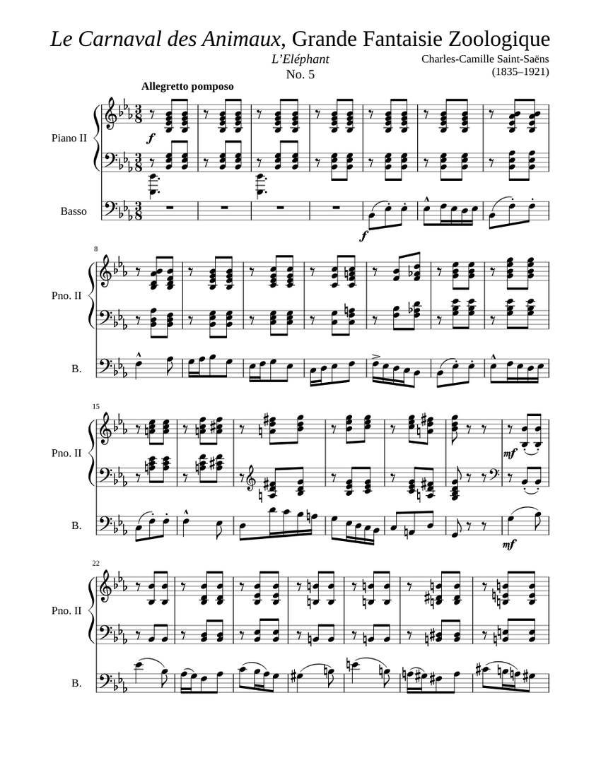 “Le Carnaval des Animaux” No. 5, “L’Eléphant” Sheet Music for Piano ...