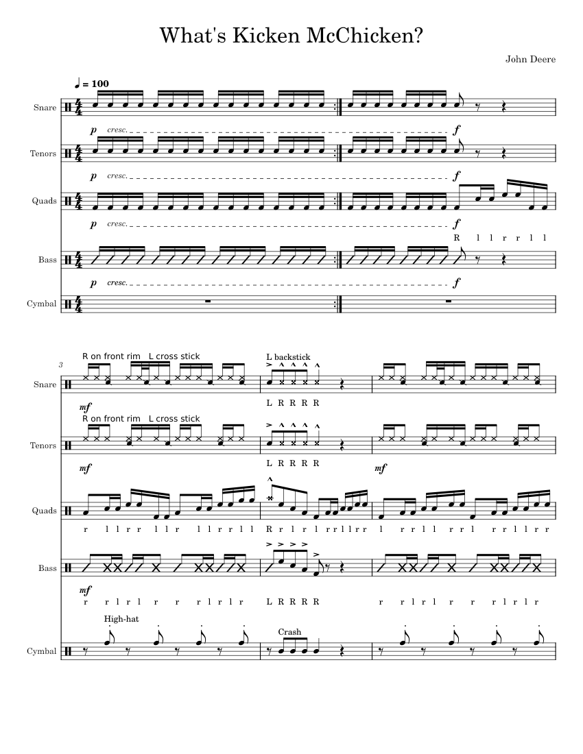 Chicken Dance Sheet Music for Snare drum, Crash, Tenor drum, Bass drum ...