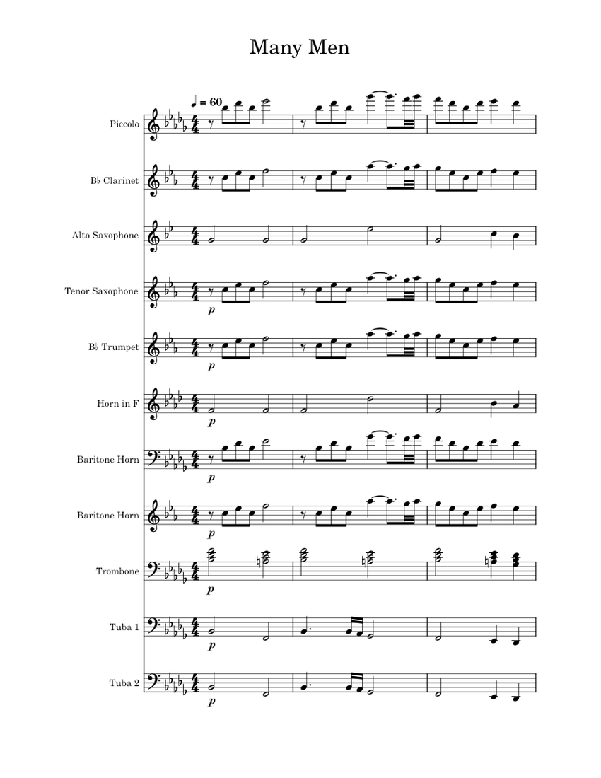 Many Men Sheet Music for Trombone, Tuba, Flute piccolo, Clarinet in b ...