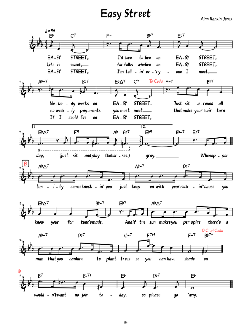 Easy Street (Lead sheet with lyrics ) Sheet Music for Piano (Solo ...