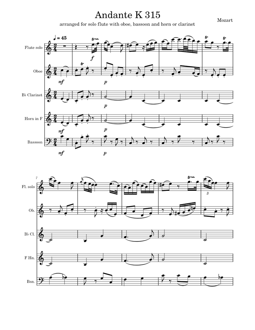 Mozart K315 Andante in C Sheet Music for Flute, Oboe, Clarinet in b ...