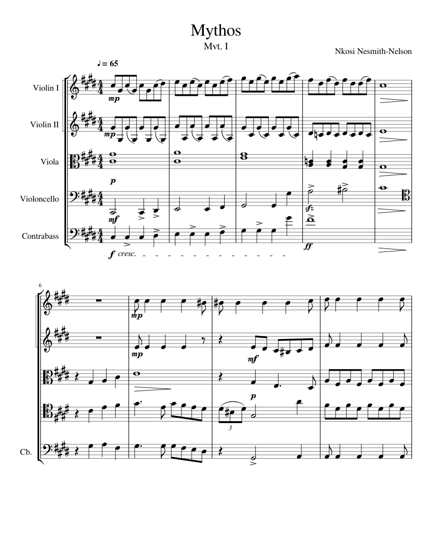 Mythos Sheet Music for Contrabass, Violin, Viola, Cello (String Quintet ...