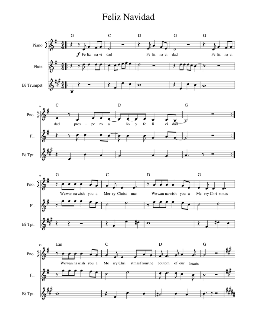 Feliz Navidad Instruments Sheet music for Piano, Flute, Trumpet in b ...