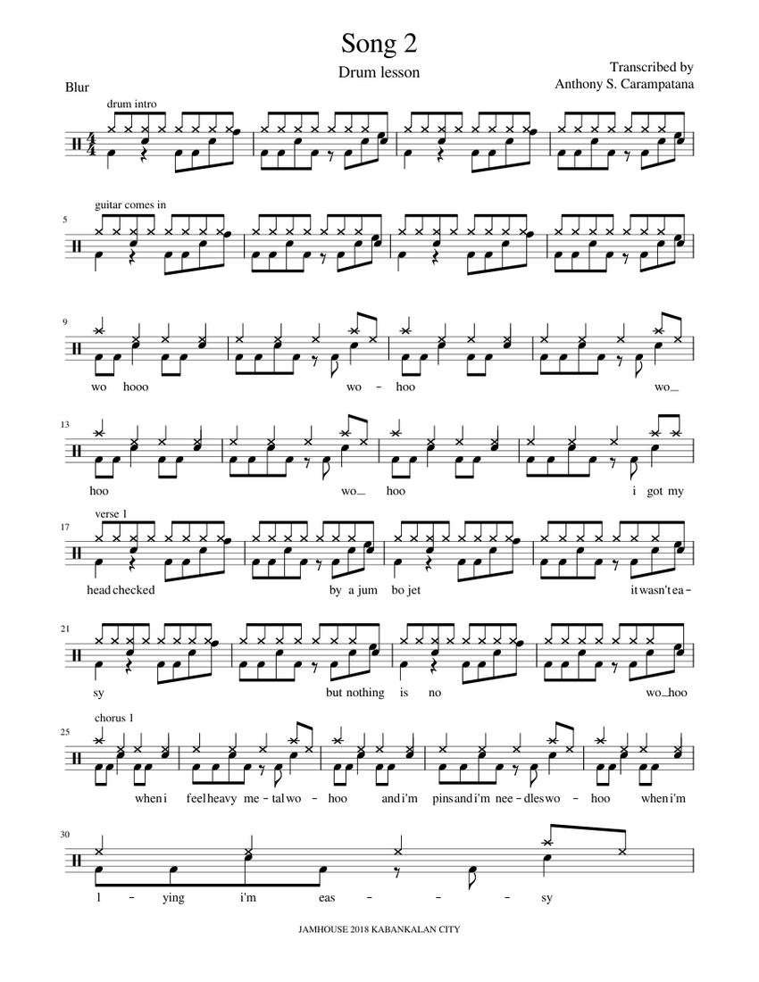 Song 2 Sheet music for Drum group (Solo) | Musescore.com