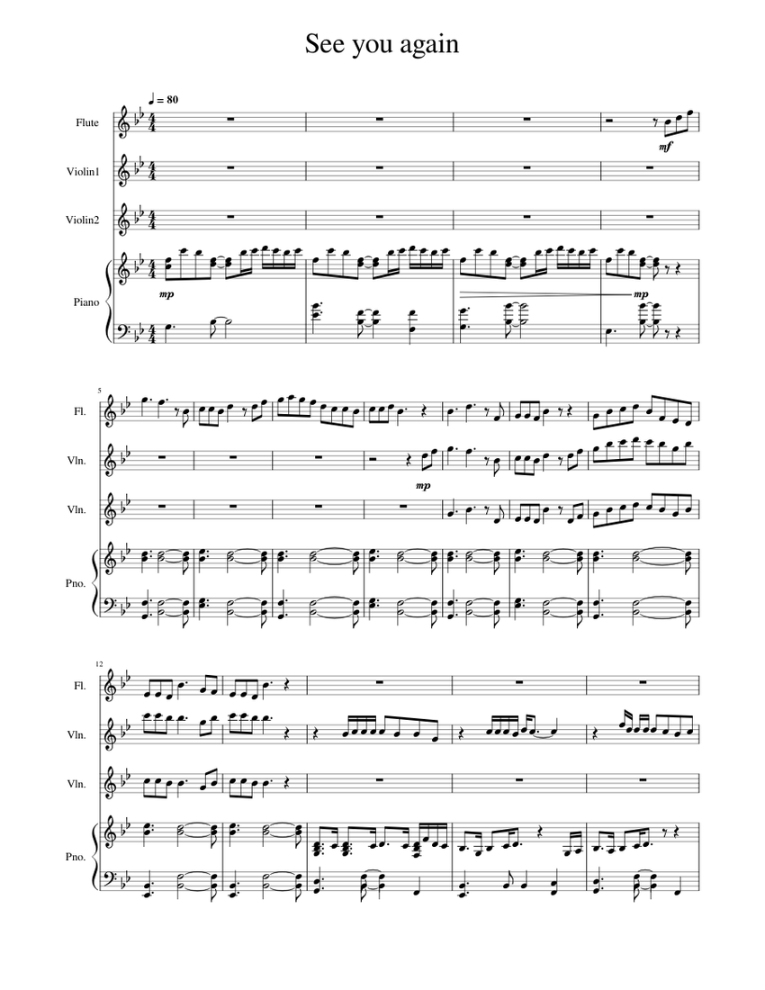 See you again Charlie puth Sheet music for Piano, Flute, Violin (Mixed Quartet) | Musescore.com