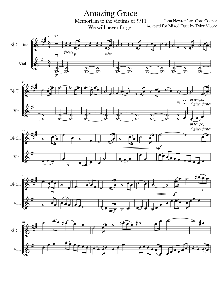 Amazing_Grace Sheet music for Clarinet in b-flat, Violin (Mixed Duet ...