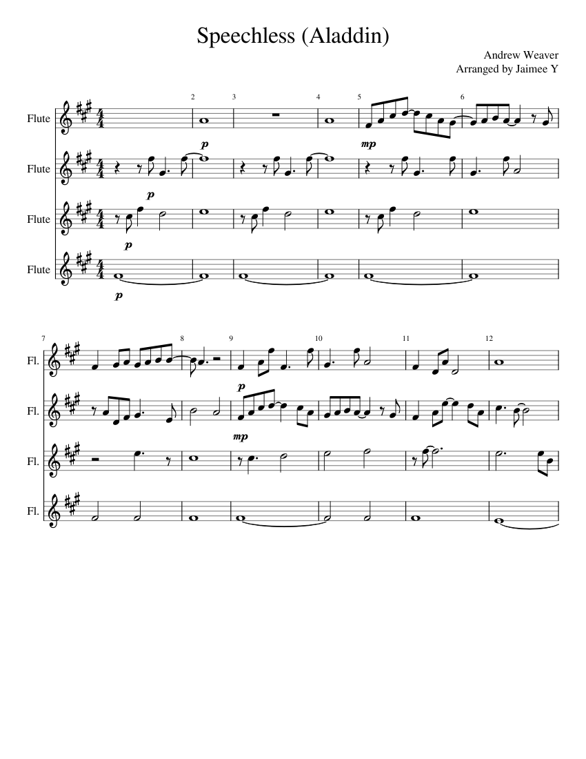 Speechless (Aladdin) Flute Quartet Sheet Music for Flute (Mixed Quartet ...