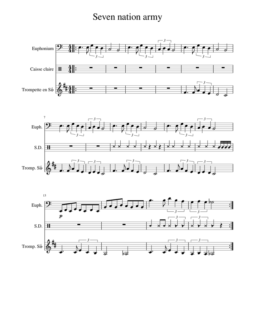 Seven nation army Sheet music for Euphonium, Trumpet in b-flat, Snare ...