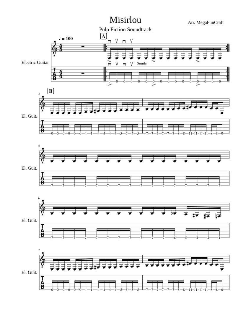 Misirlou - Pulp Fiction Sheet Music and Tab for Guitar (Solo ...