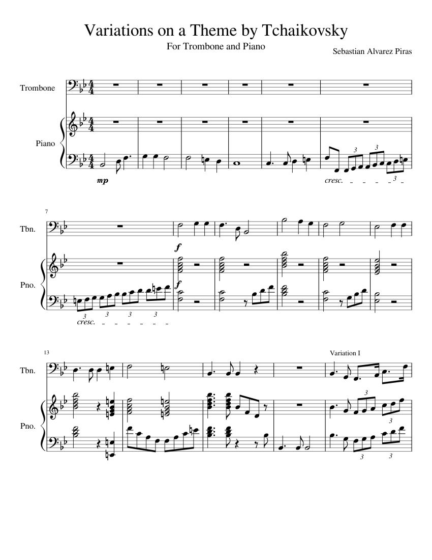 Variations on a Theme by Tchaikovsky Sheet Music for Piano, Trombone ...