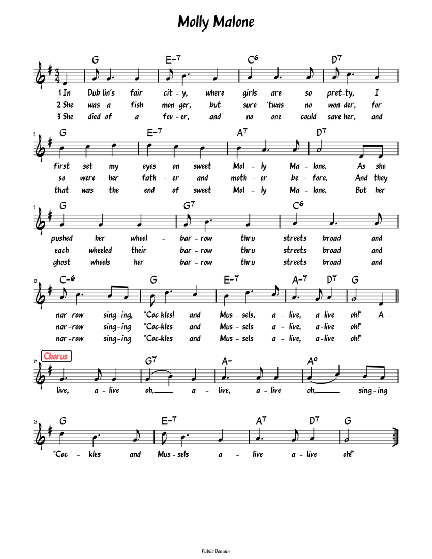 Molly Malone (Lead sheet with lyrics ) Sheet Music with Chords for ...