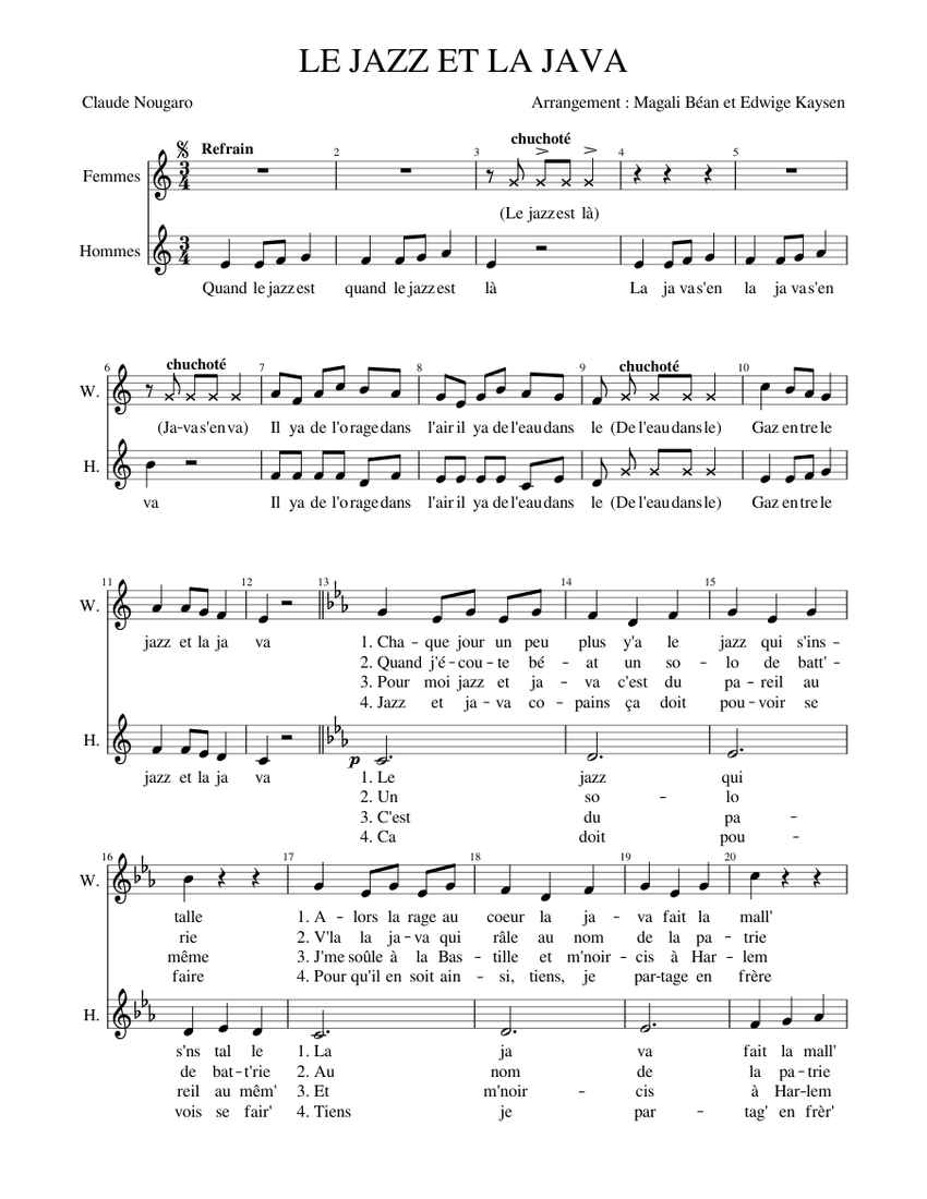 Le jazz et la java - Nougaro (2 voix MuseScore) Sheet Music for Female ...