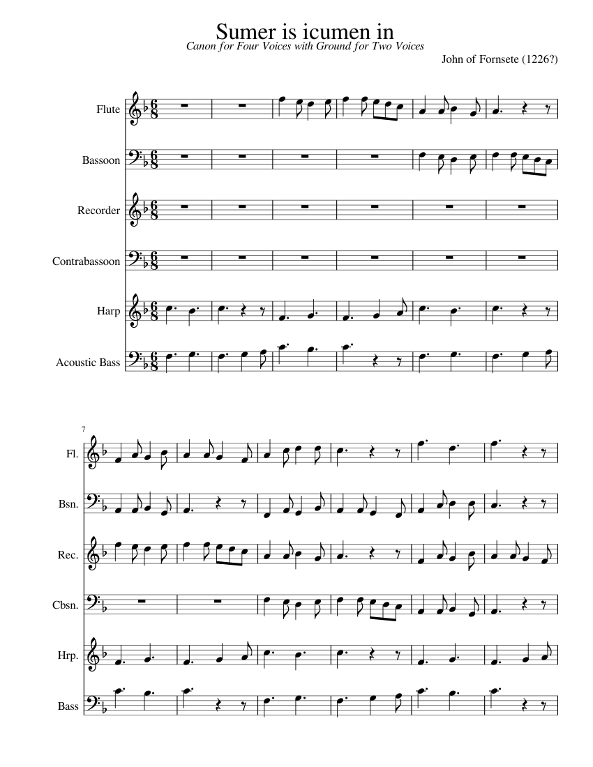 Sumer is icumen in Sheet Music for Flute, Bassoon, Bass guitar, Harp ...