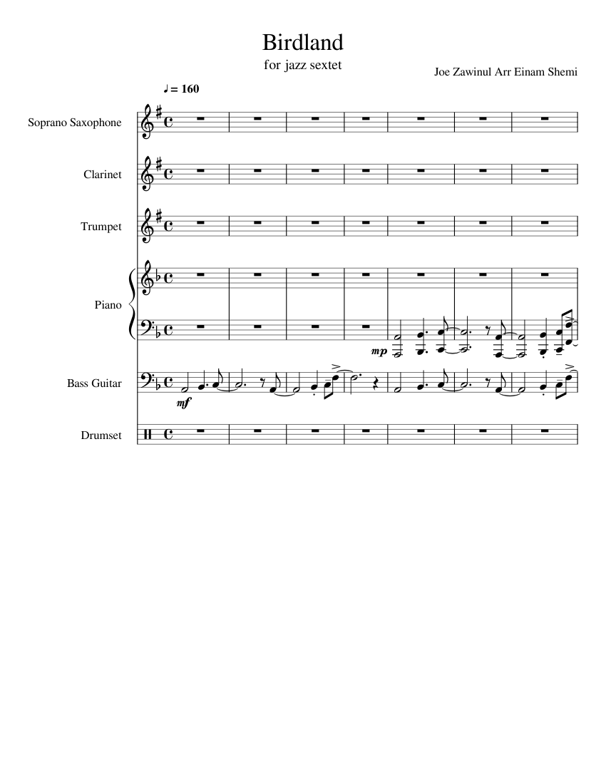 Birdland Sheet music for Piano, Bass guitar, Drum group, Saxophone ...