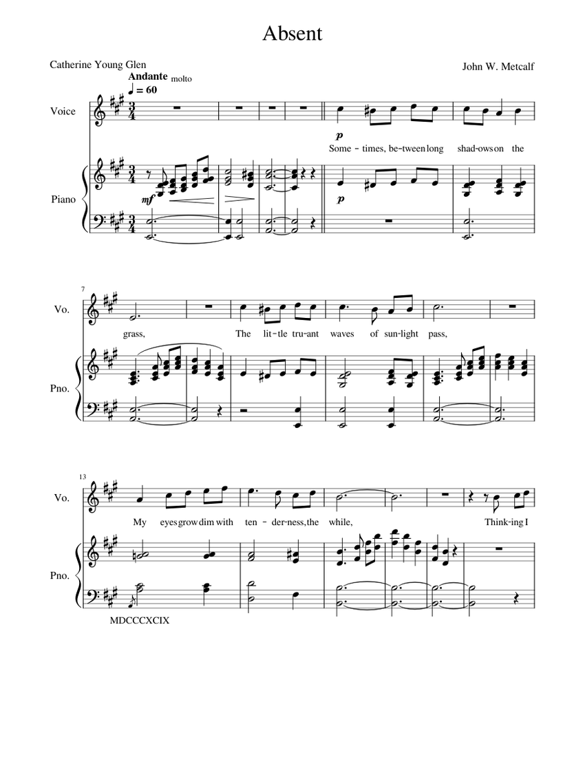 Absent – John W. Metcalf Sheet Music for Piano, Vocals (Piano-Voice ...