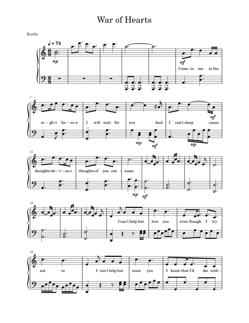 War of hearts – Ruelle (piano solo + lyrics) Sheet Music for Piano ...