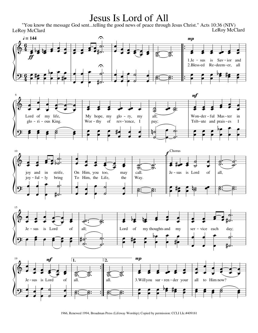 Jesus Is Lord of All Sheet Music for Piano (SATB) easy | MuseScore.com