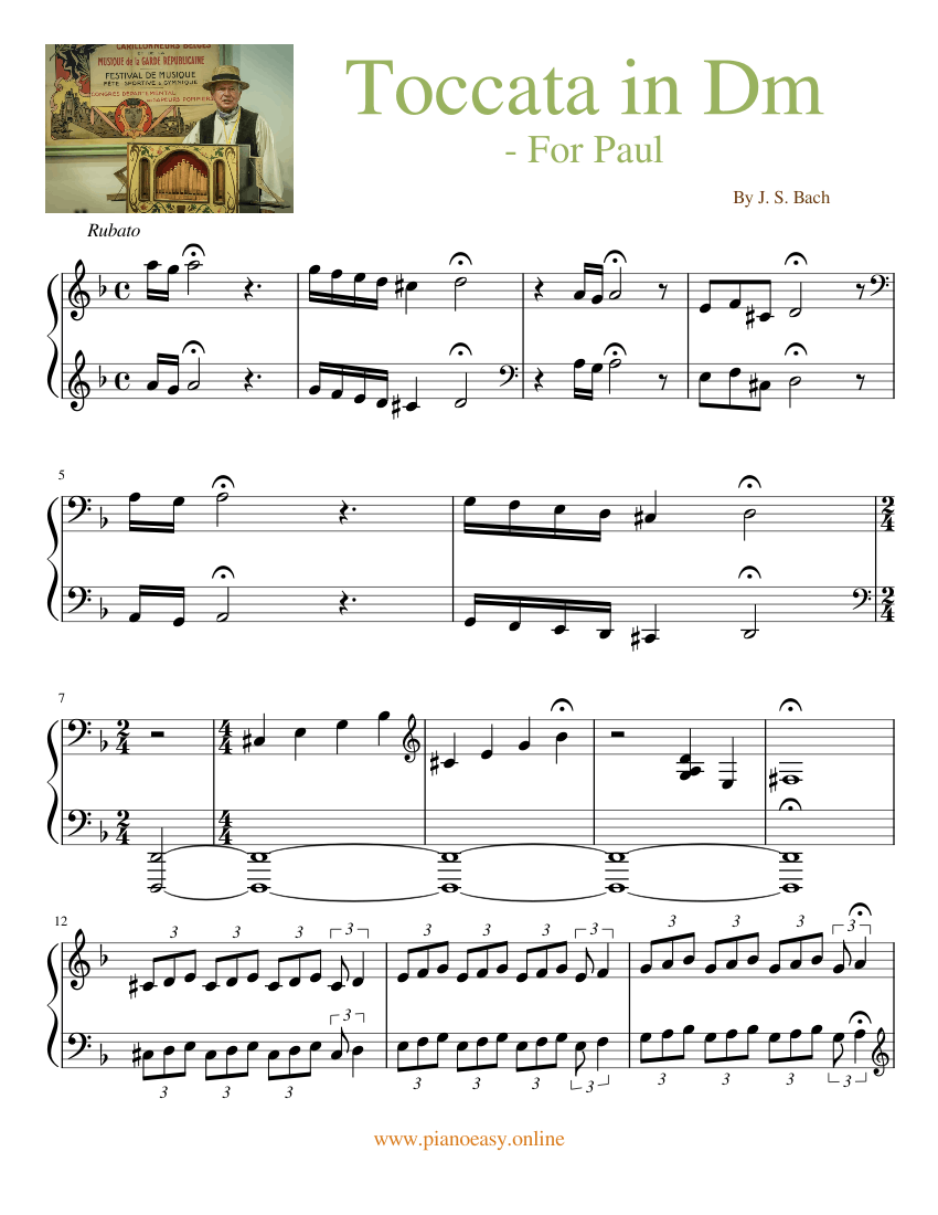 Toccata in D minor – By J.S. Bach - Shortened Version for Paul Sheet ...