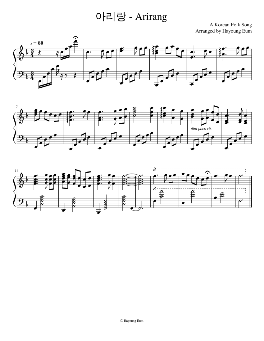 아리랑 - Arirang Sheet Music for Piano (Solo) easy | MuseScore.com