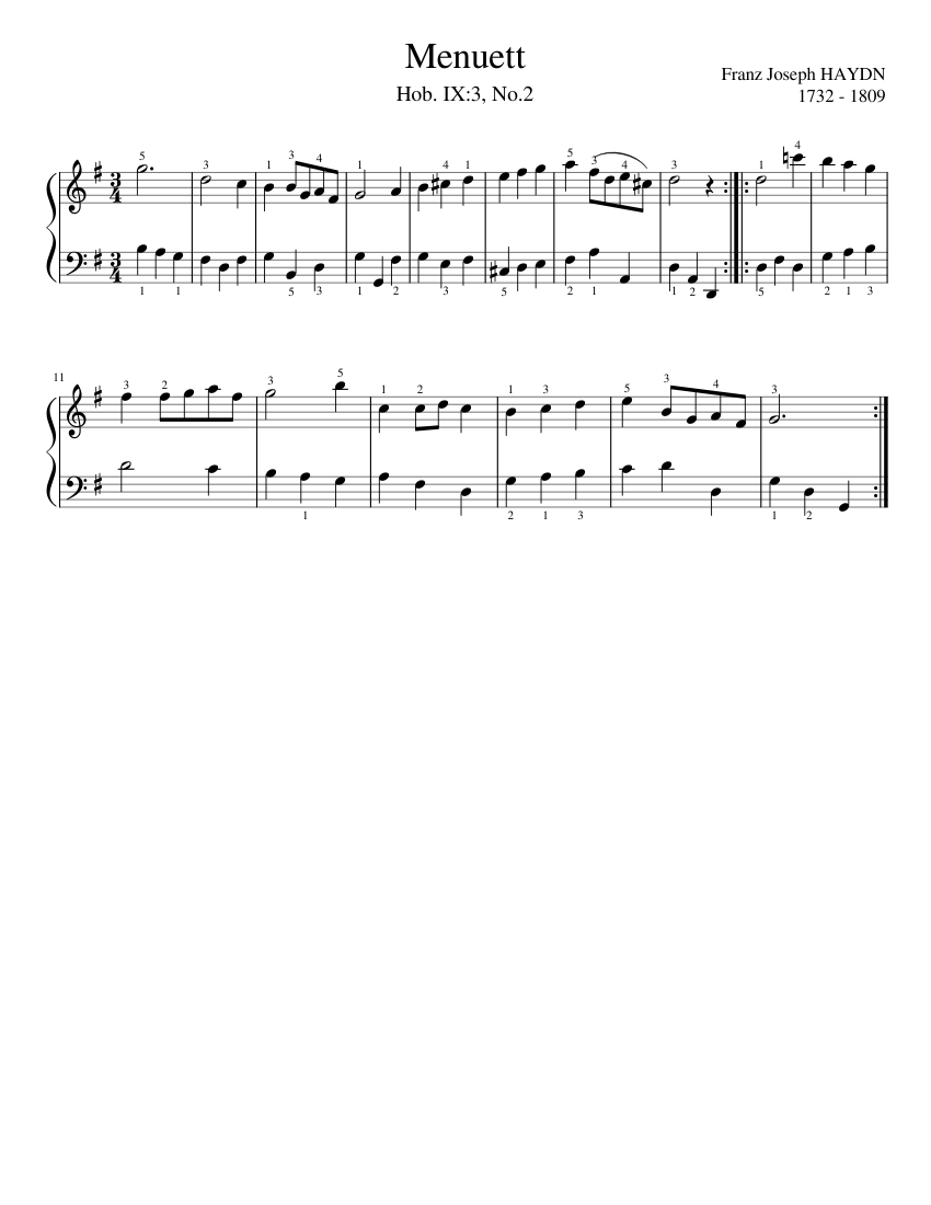 Minuet in G Major, Hob. IX:3, No.2 – Joseph Haydn Sheet music for Piano ...