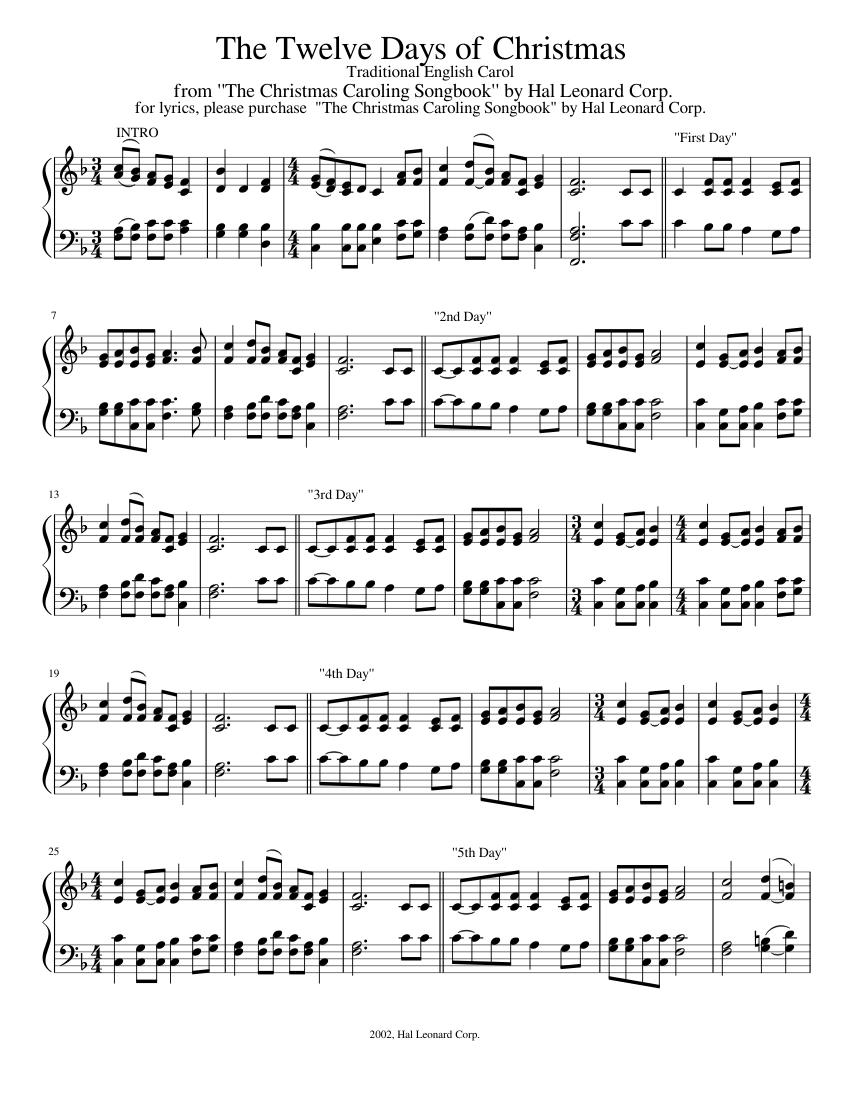 The Twelve Days of Christmas Sheet Music for Piano (SATB) easy ...