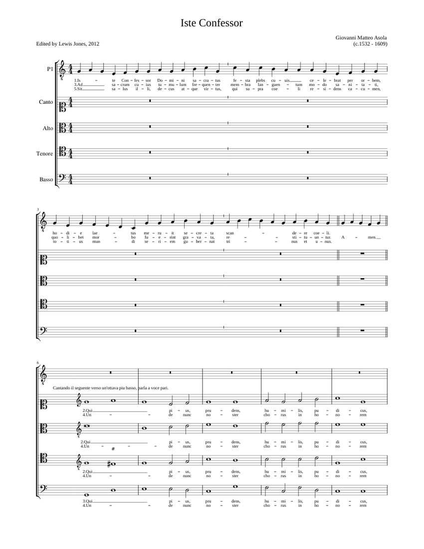 Iste Confessor a 4 (even verses) - Giovanni Matteo Asola Sheet music ...