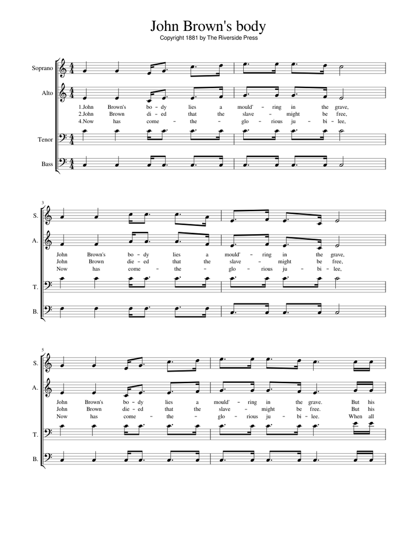 101-John Browns body Sheet Music for Soprano, Alto, Tenor, Bass voice ...
