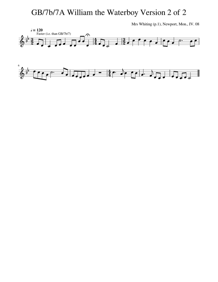 GB/7b/7A William the Waterboy Version 2 of 2 Sheet music for Piano ...