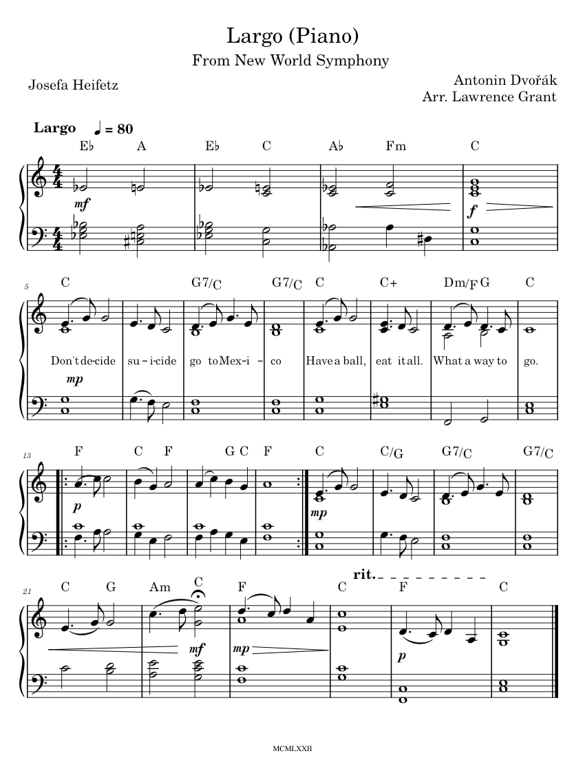 Largo from New World Symphony – Antonín Dvořák Sheet Music with Chords ...