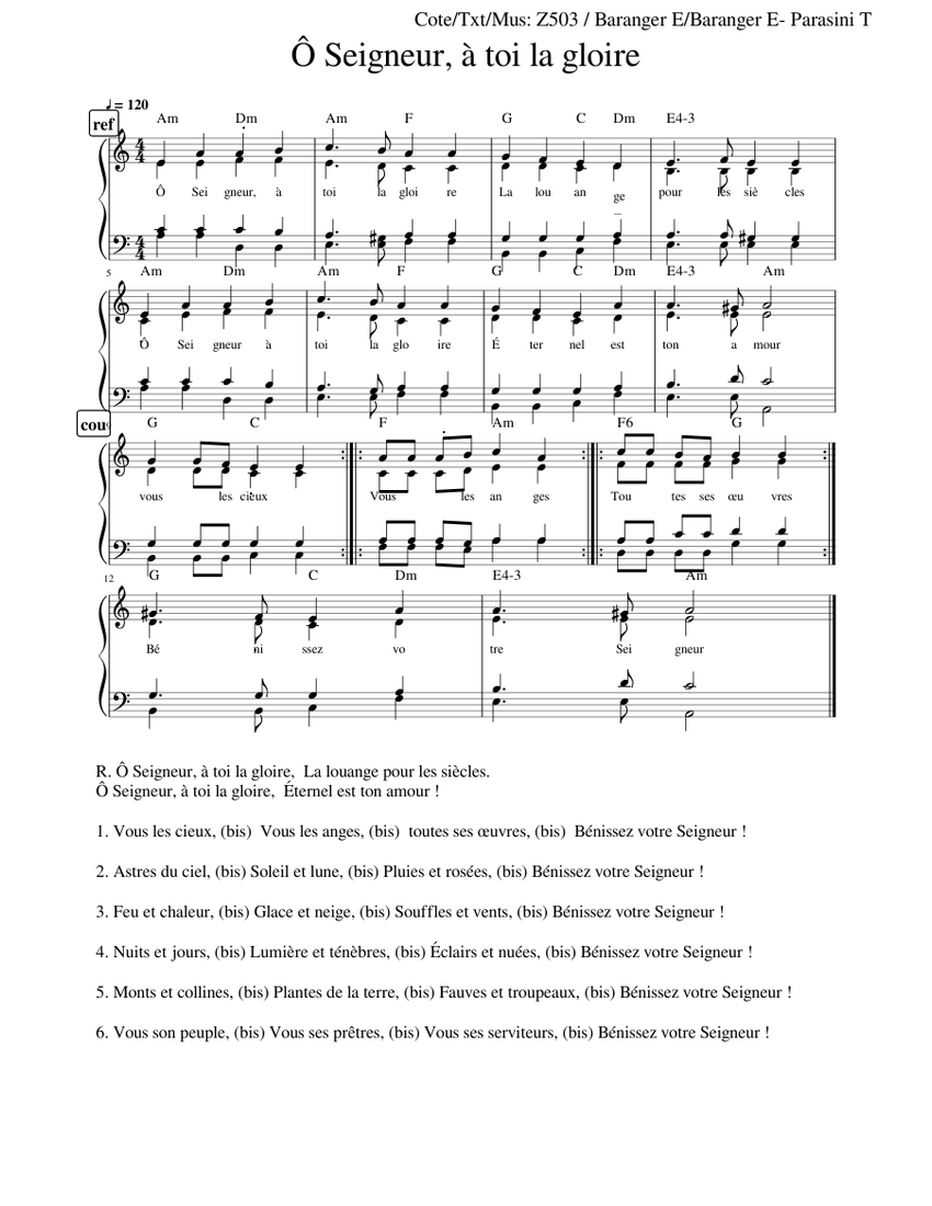 O Seigneur a Toi la gloire-Z503-DP-SATB Sheet Music for Piano (SATB) Easy | MuseScore.com