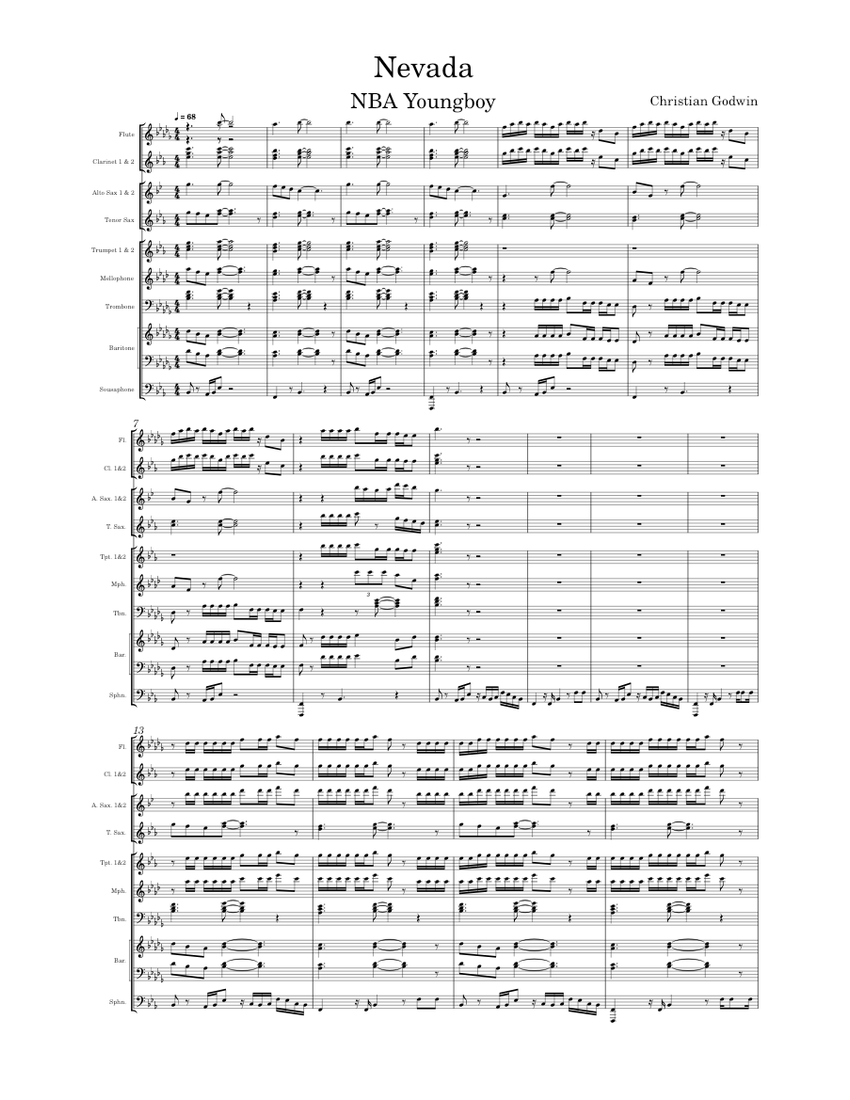 Nevada NBA Youngboy Sheet Music for Trombone, Flute, Clarinet in b-flat ...