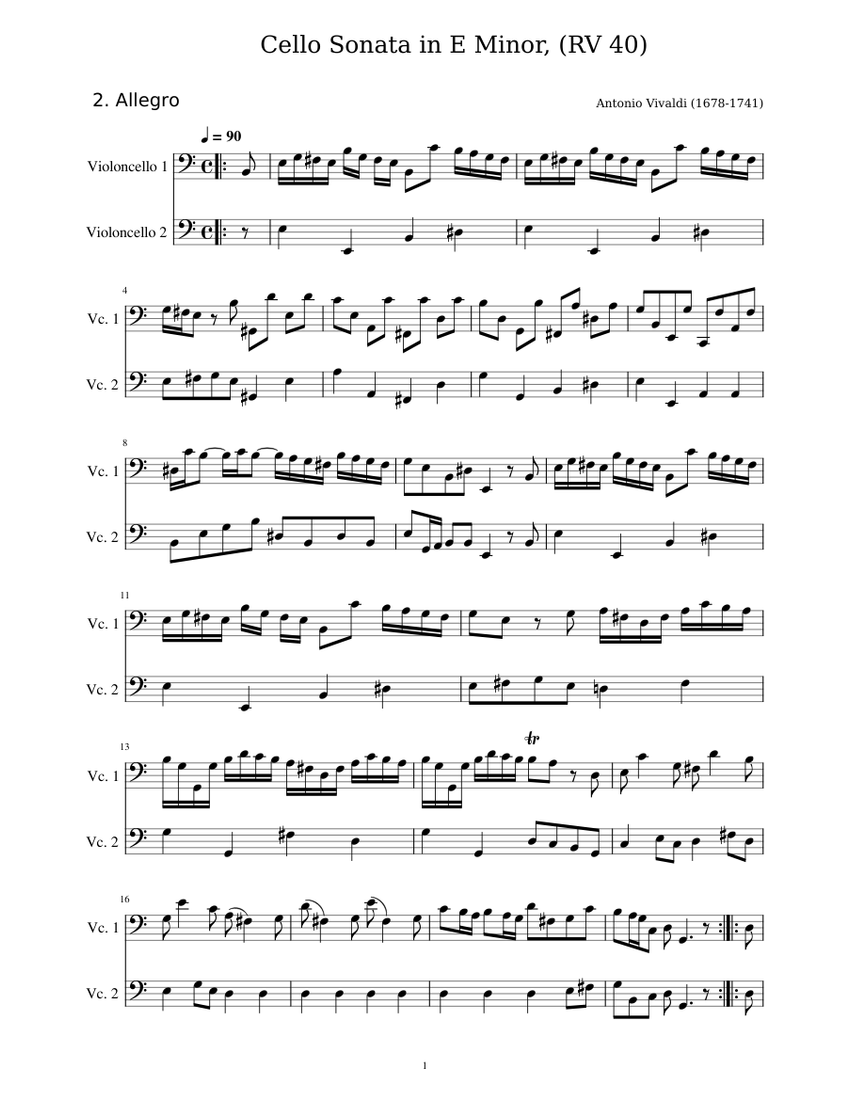 Sonata per violoncello e basso continuo n. 5 RV 40 - 2. Allegro – Antonio Vivaldi Sheet Music ...