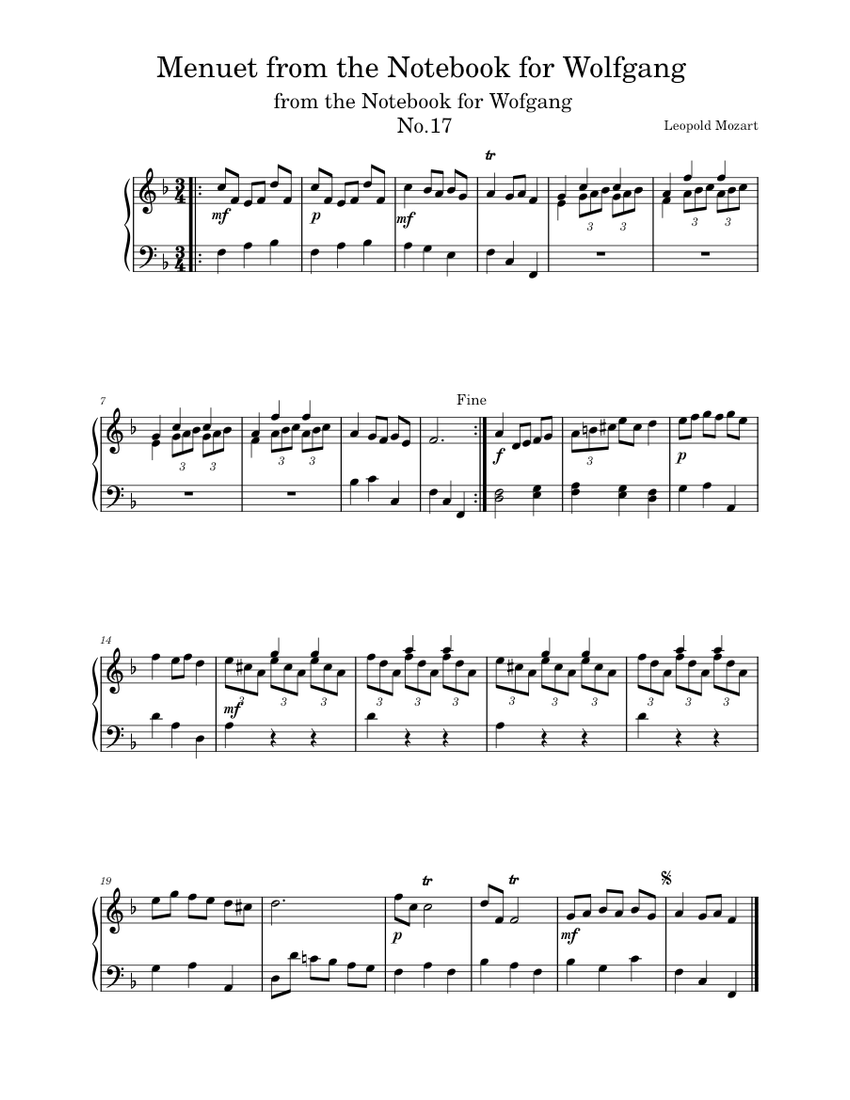 Leopold Mozart Notebook for Wolfgang No.18 Menuet in F Major Sheet ...