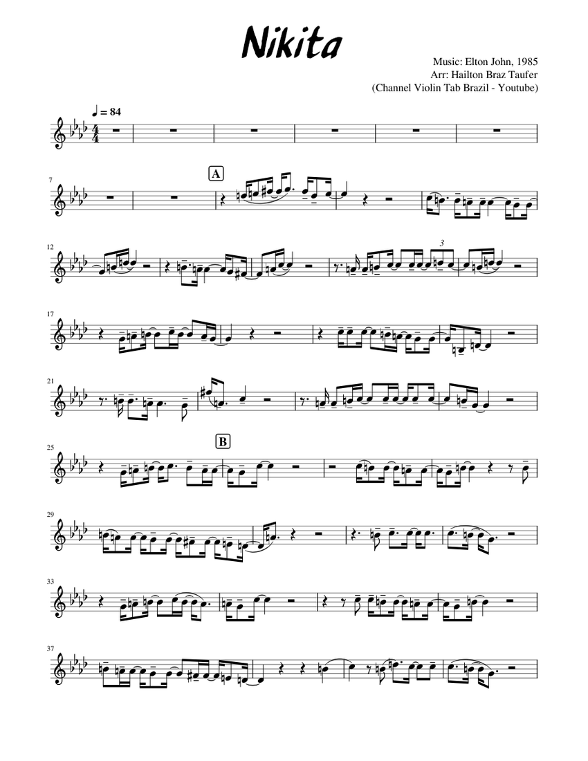 Nikita – Elton John (Channel Violin Tab Brazil - Youtube) Sheet music ...