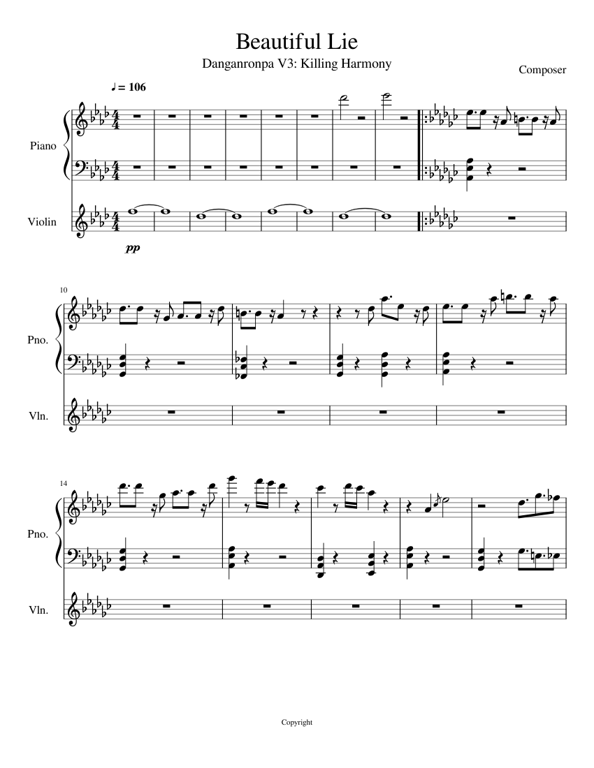 Beautiful Lie Sheet Music for Piano, Violin (Solo) | MuseScore.com