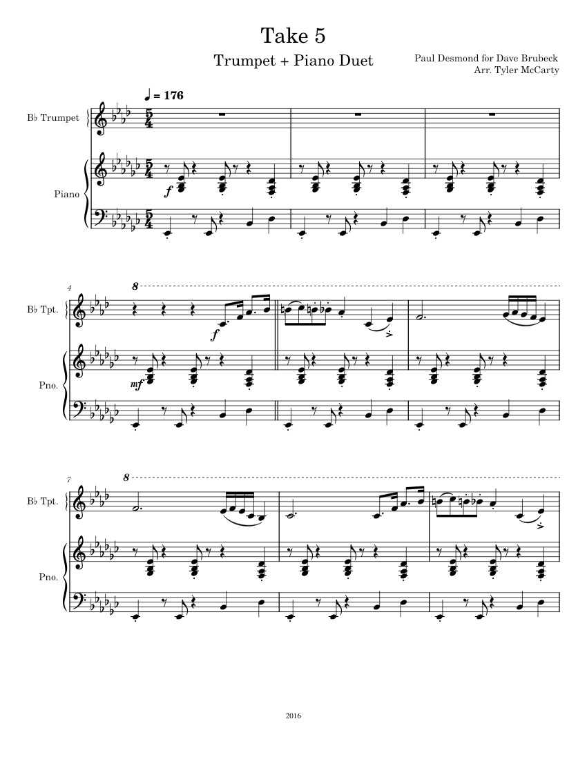 Take 5 Trumpet + Piano Duet Sheet Music for Piano, Trumpet in b-flat ...
