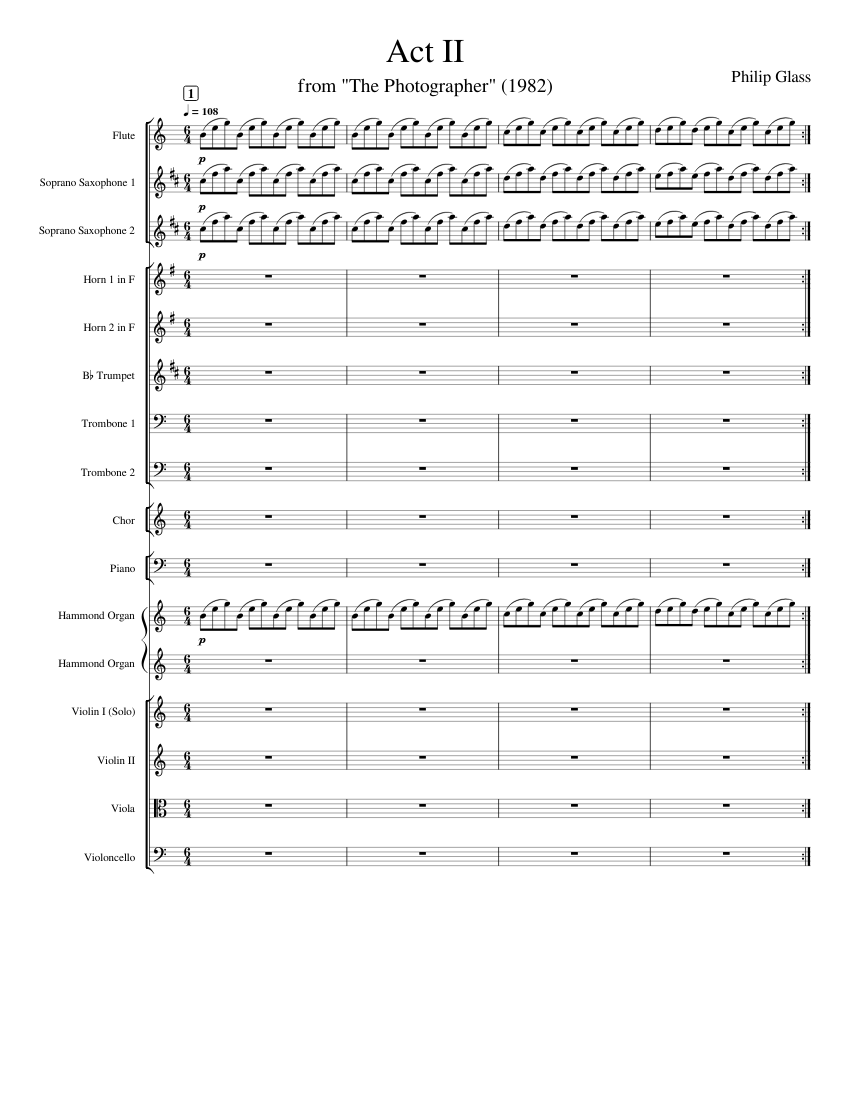 Philip Glass - The Photographer, Act II Sheet Music for Piano, Trombone ...