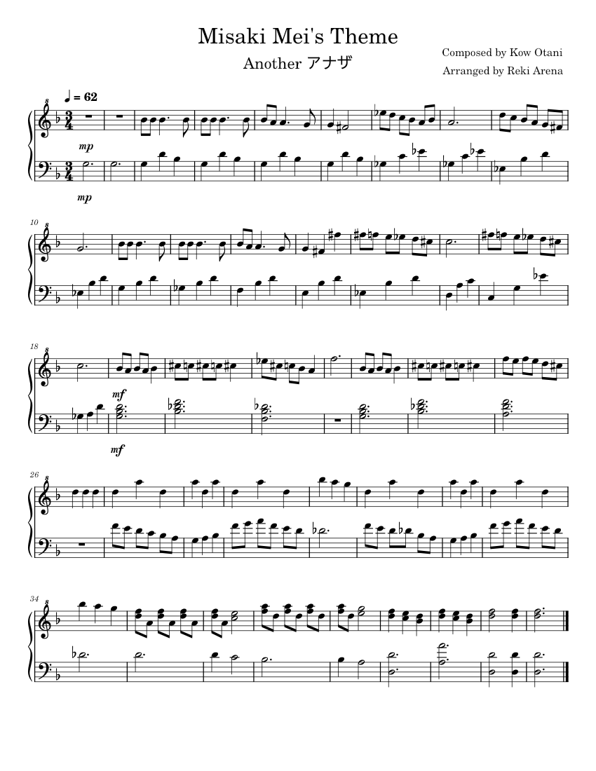 Misaki Mei's Theme – Kow Otani (Another アナザ) Sheet Music for Piano (Solo) Easy | MuseScore.com