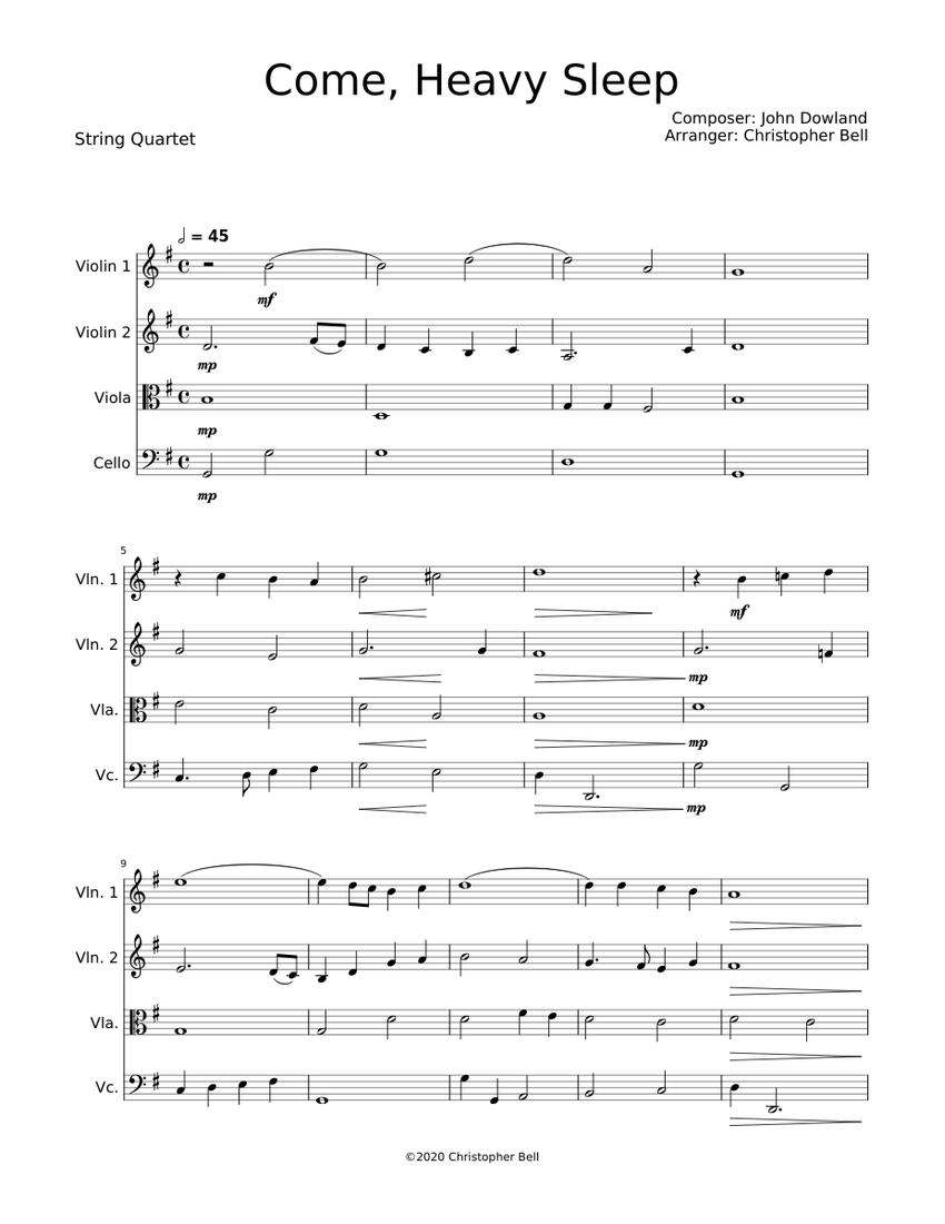 Come heavy sleep – John Dowland Sheet music for Violin, Viola, Cello ...