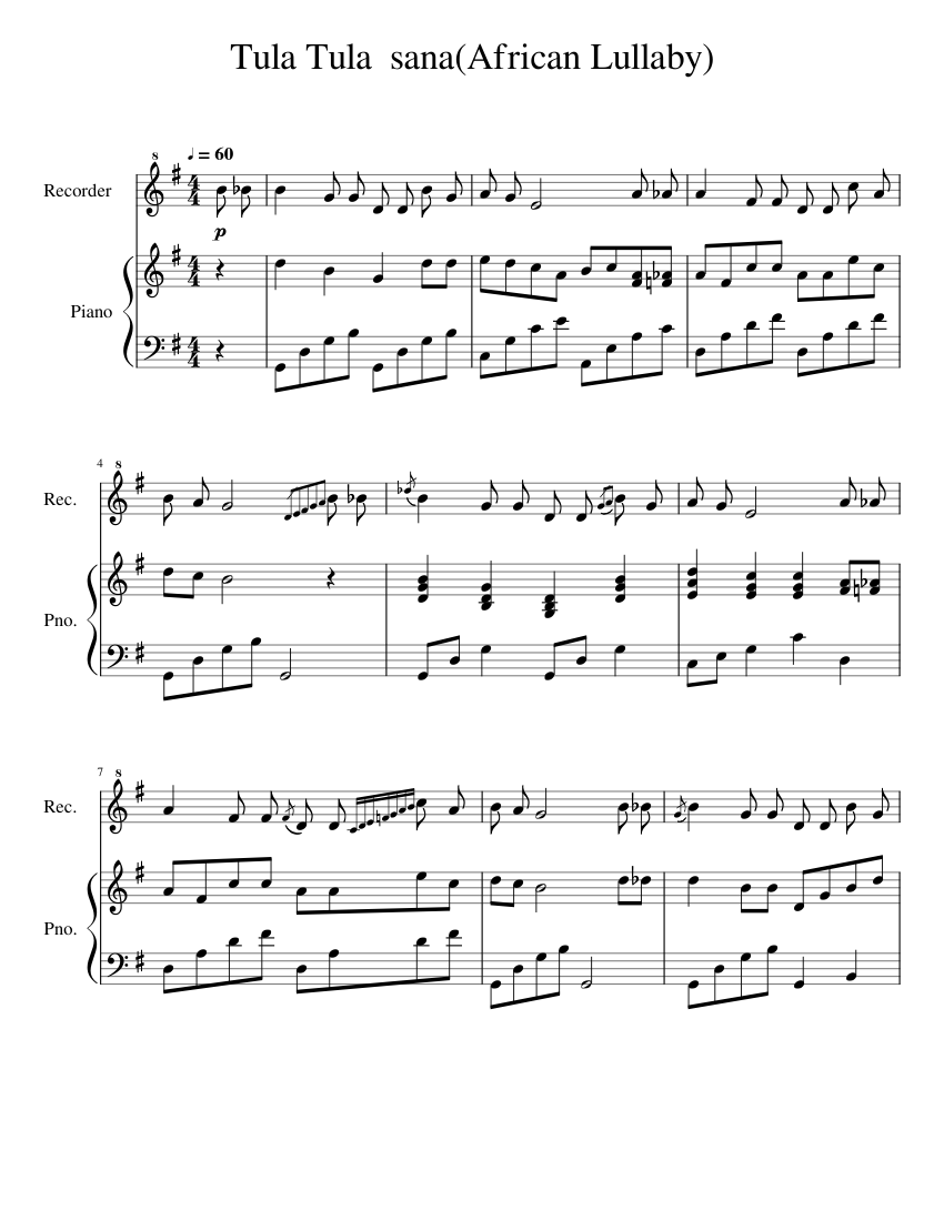 Tula Tula sana for Recorder South African Lullaby Arranged by Allan ...