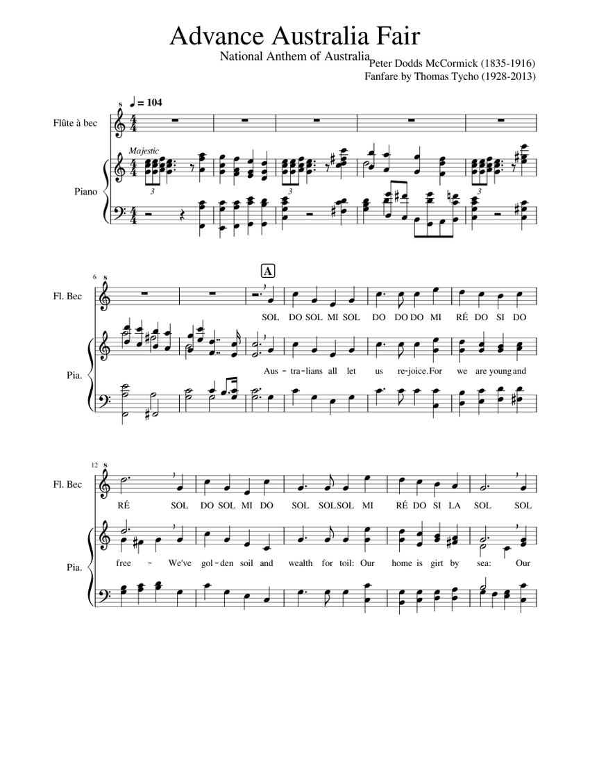 Advance australia fair Sheet Music for Piano, Recorder (Mixed Ensemble ...