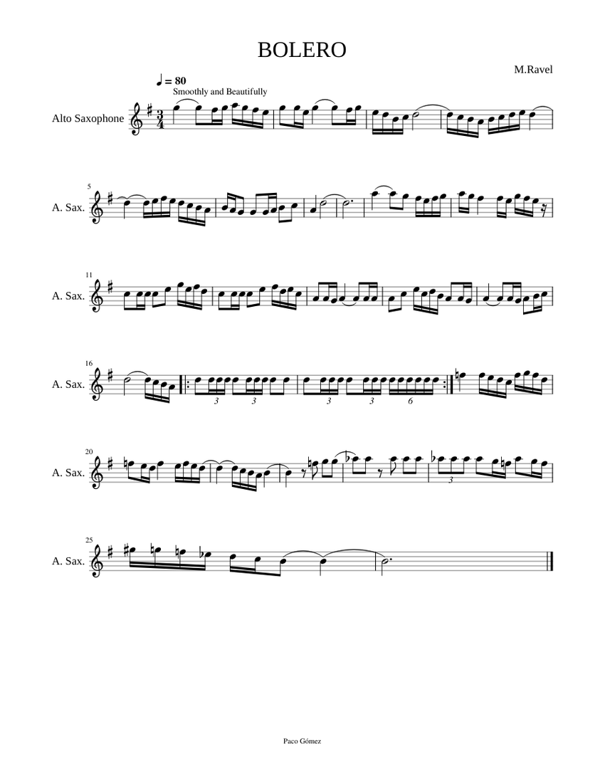 Bolero – Maurice Ravel In Bb Major Sheet music for Saxophone alto (Solo ...