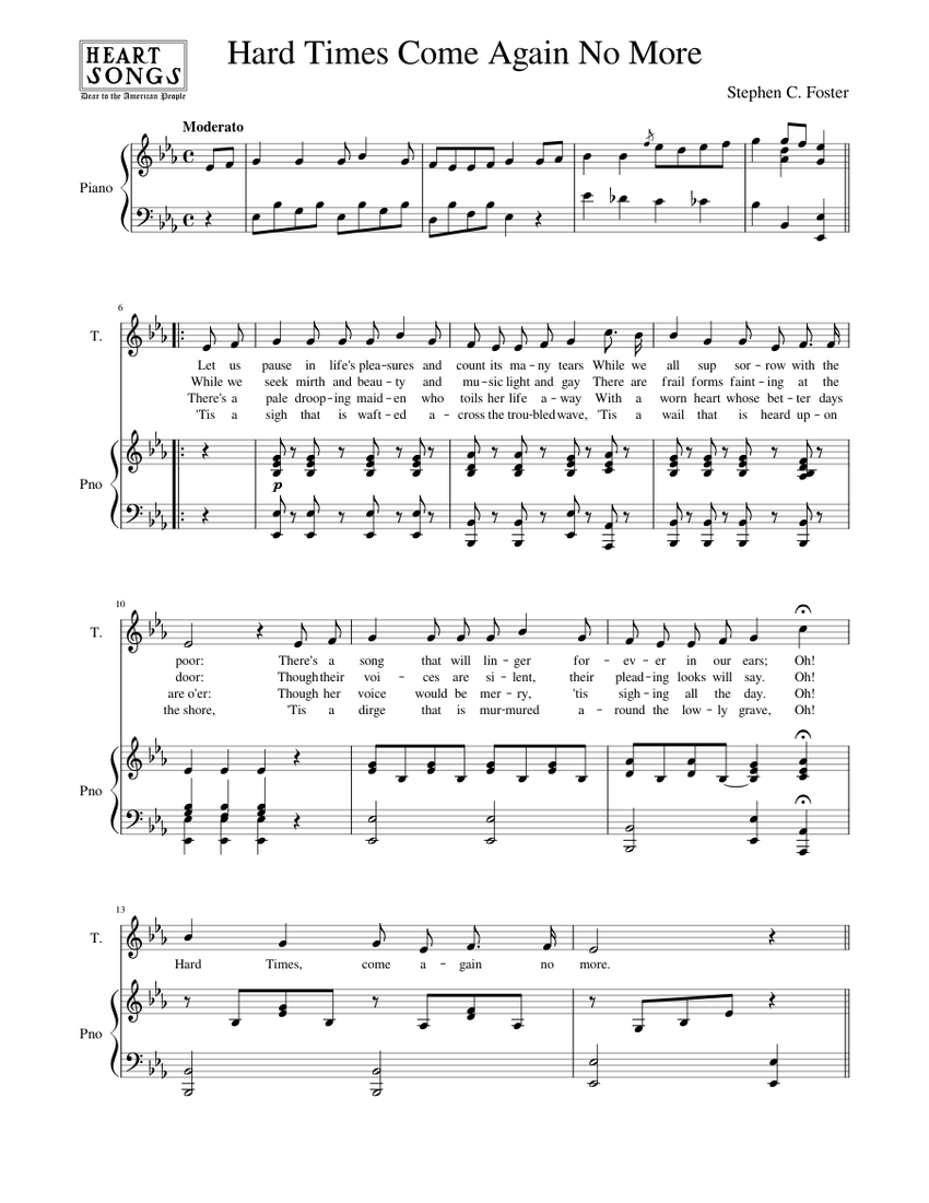 Hard Times Come Again No More Sheet Music for Piano, Soprano, Tenor ...