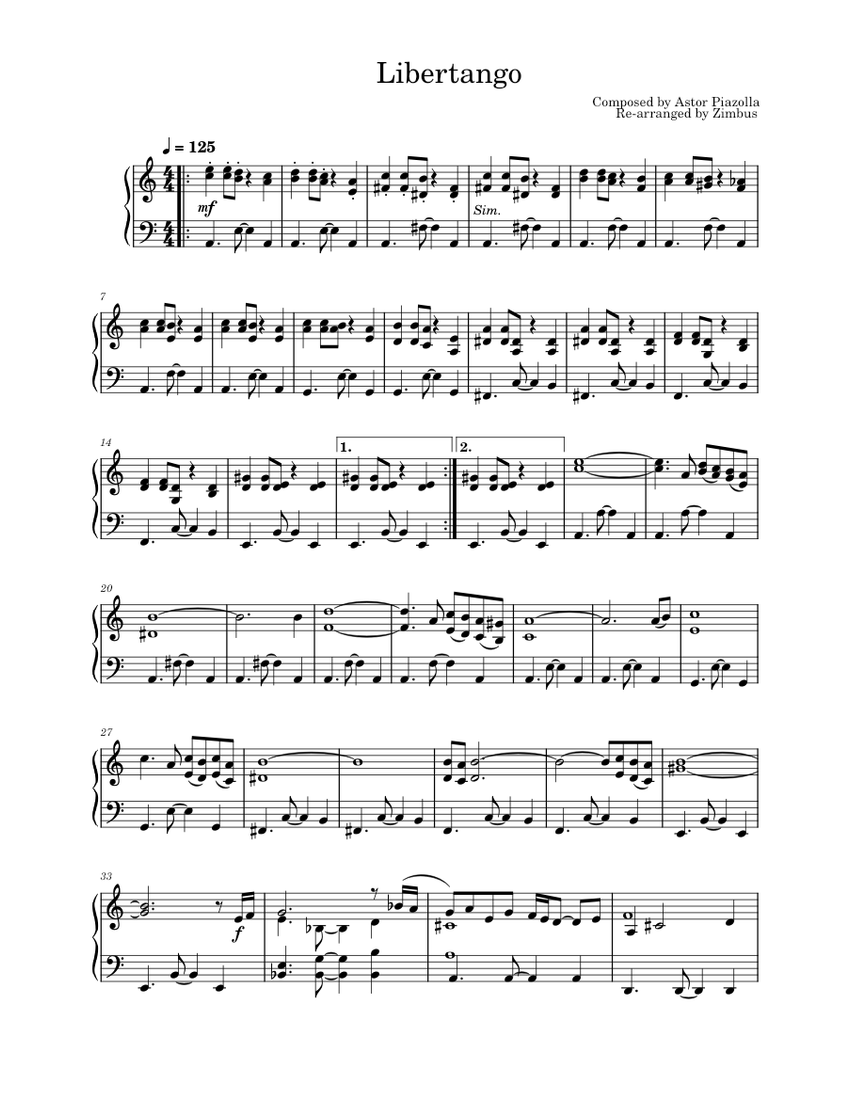 Libertango – Astor Piazzolla Arranged by, Zimbus Sheet Music for Piano ...
